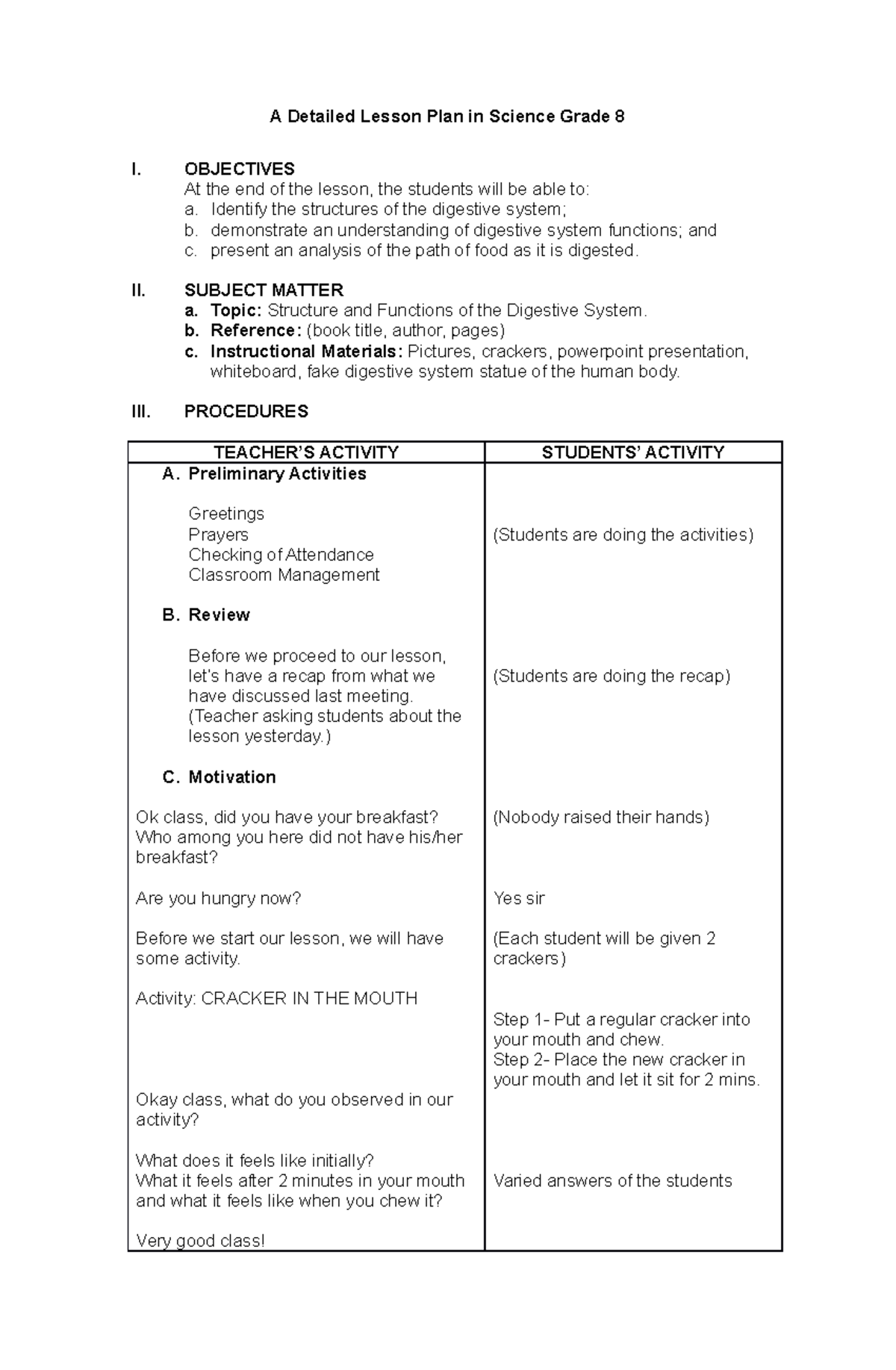 Digestive system - A Detailed Lesson Plan in Science Grade 8 I ...