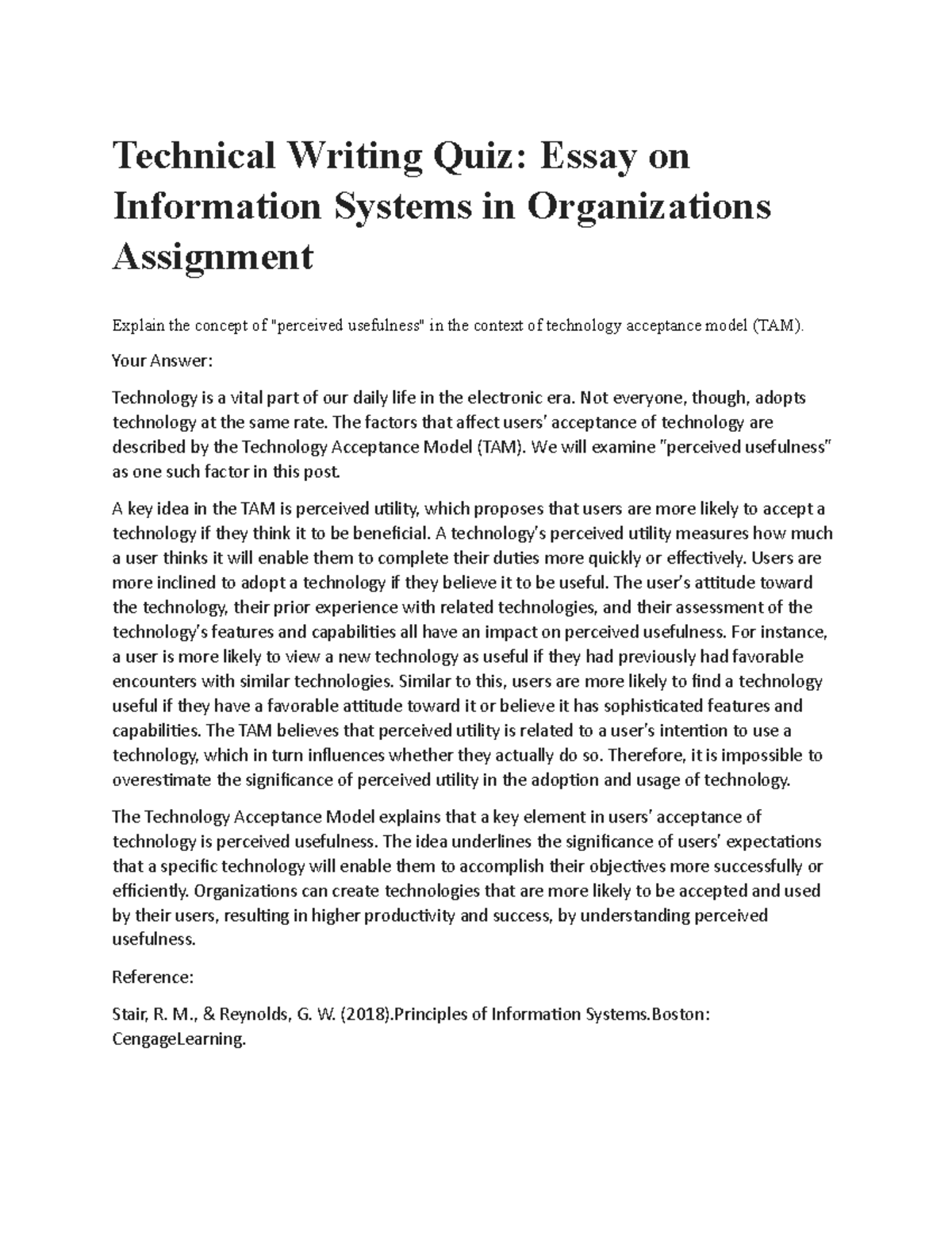 Technical Writing Quiz: Perceived Usefulness in TAM for Info Systems ...