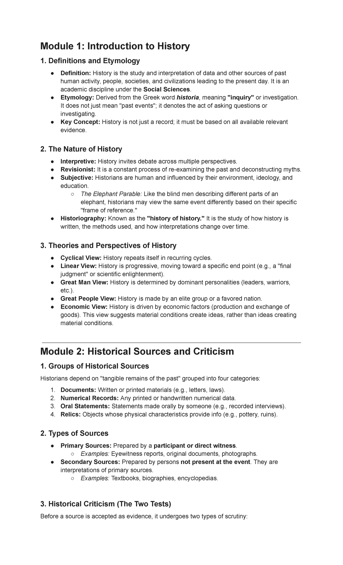 Module 1: Intro to History - Definitions, Nature, and Theories - Studocu