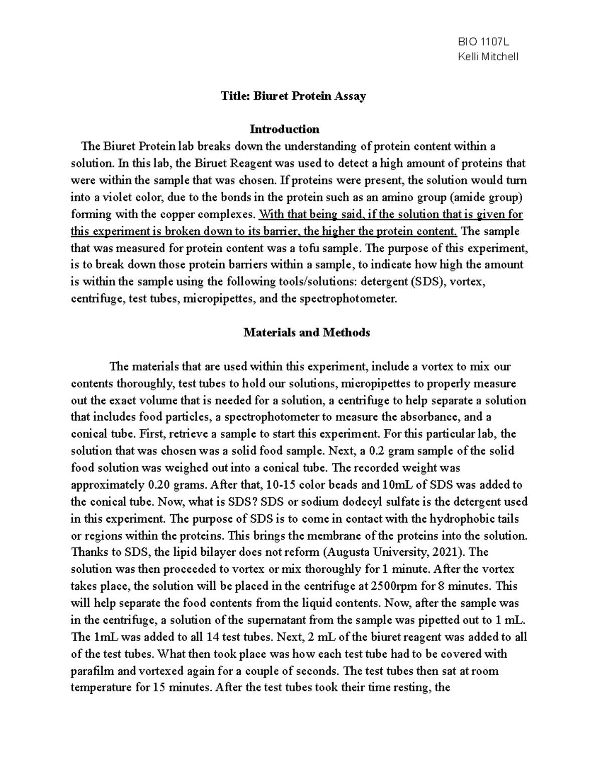 BIO 1107L: Biuret Protein Assay Lab Report and Analysis - Studocu