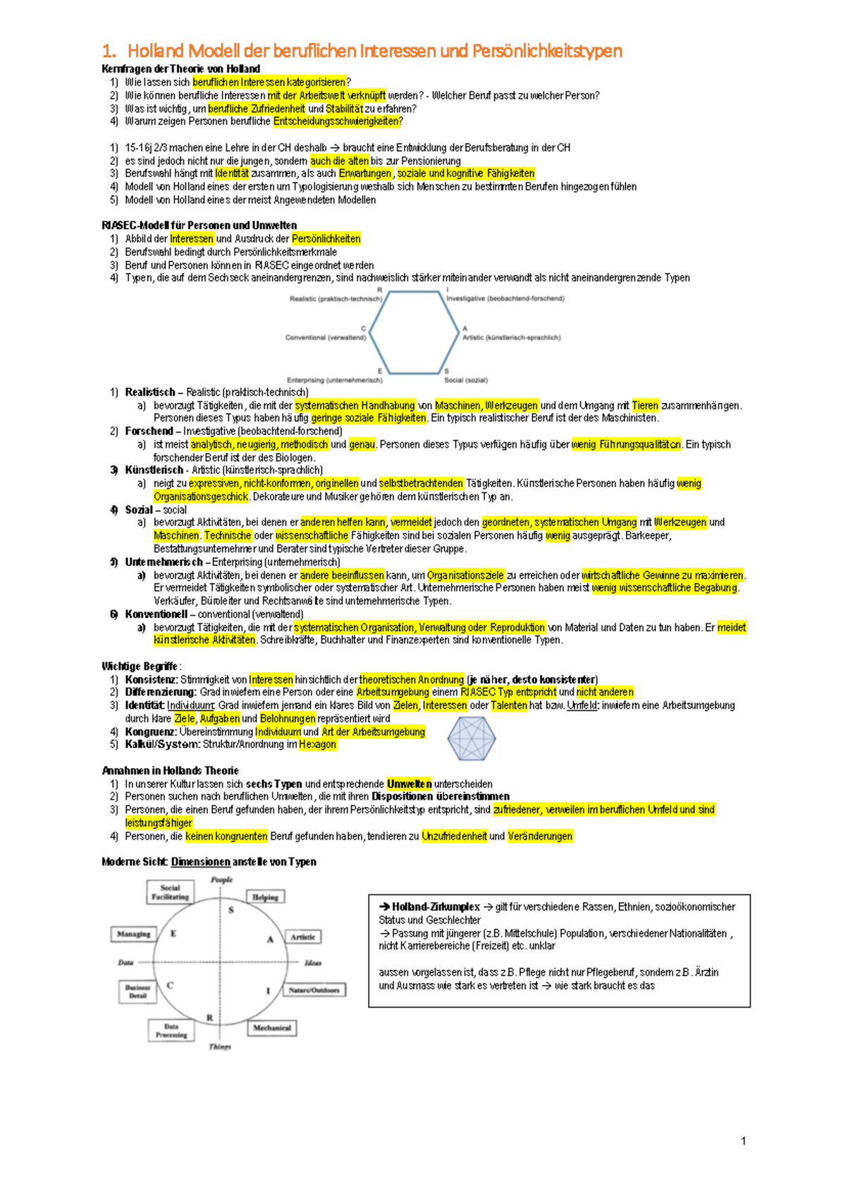 Holland Modell der beruflichen Interessen und Persönlichkeitstypen - 1 ...