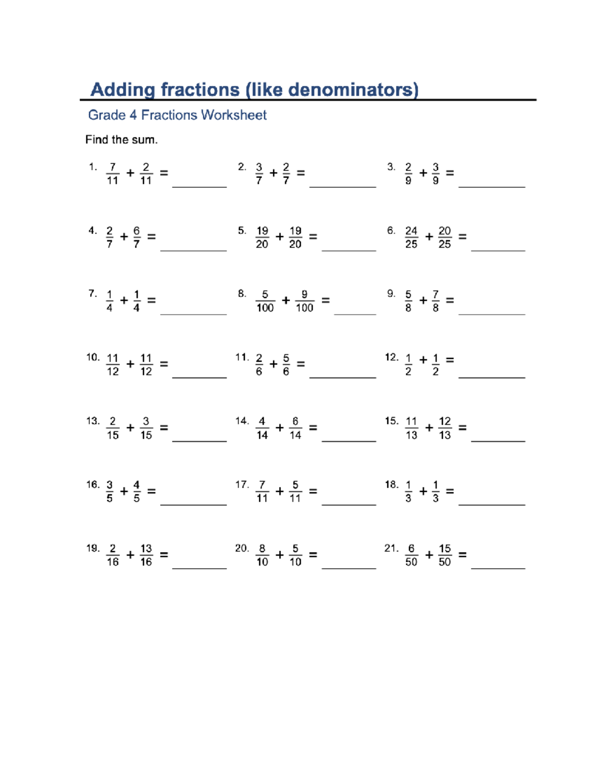 Grade 4 Math: Adding Fractions (Like Denominators) Worksheet - Studocu