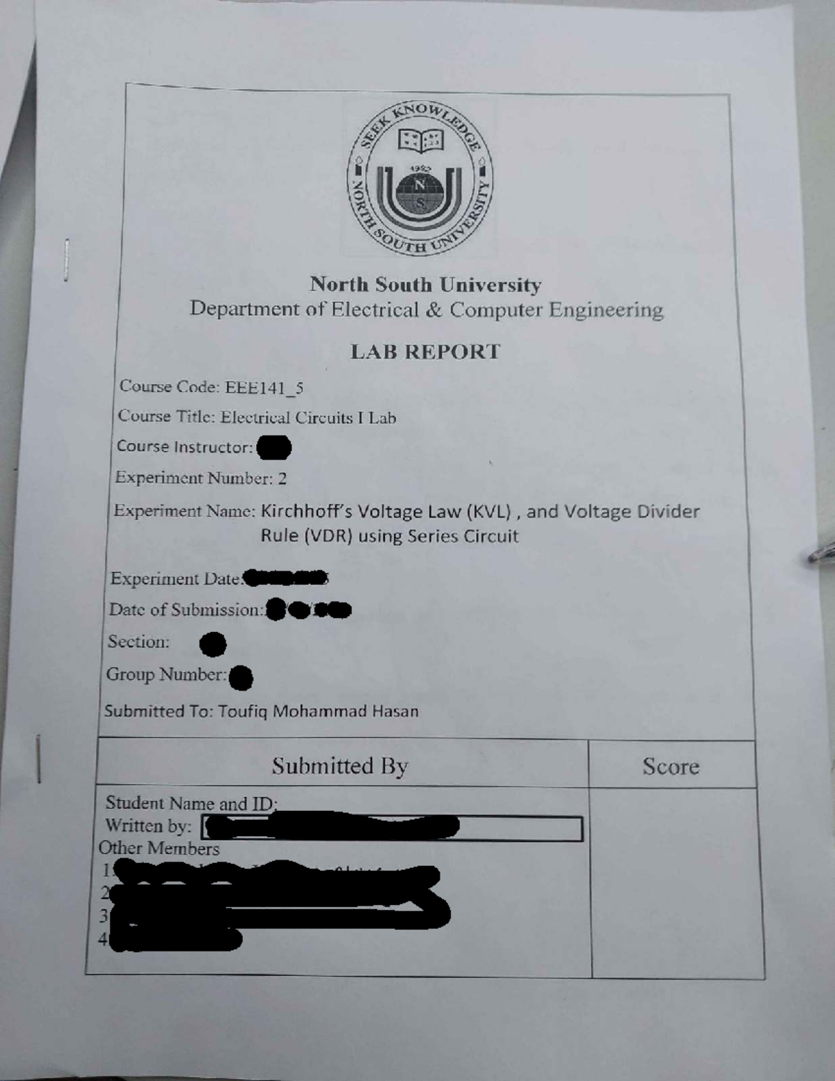 LAB REPORT: Electrical Circuits I (Course Code: ECE 101) - KVL & VDR Experiment - Studocu