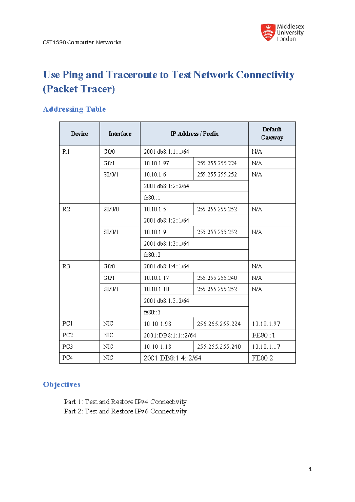 CST1530 Computer Networks: Ping & Traceroute for Connectivity Testing ...