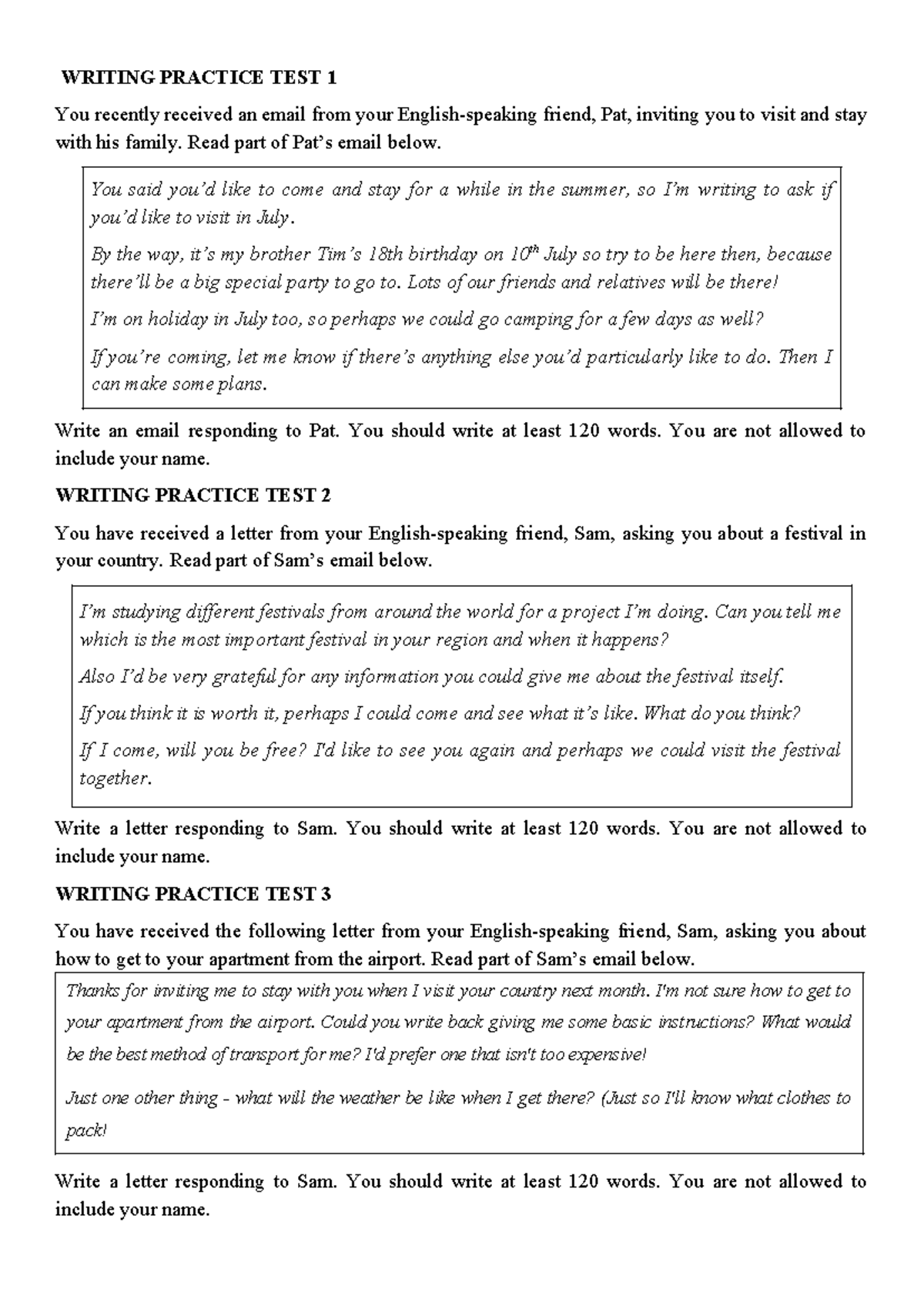 Writing Practice Tests 1-30: Email & Letter Responses - Studocu