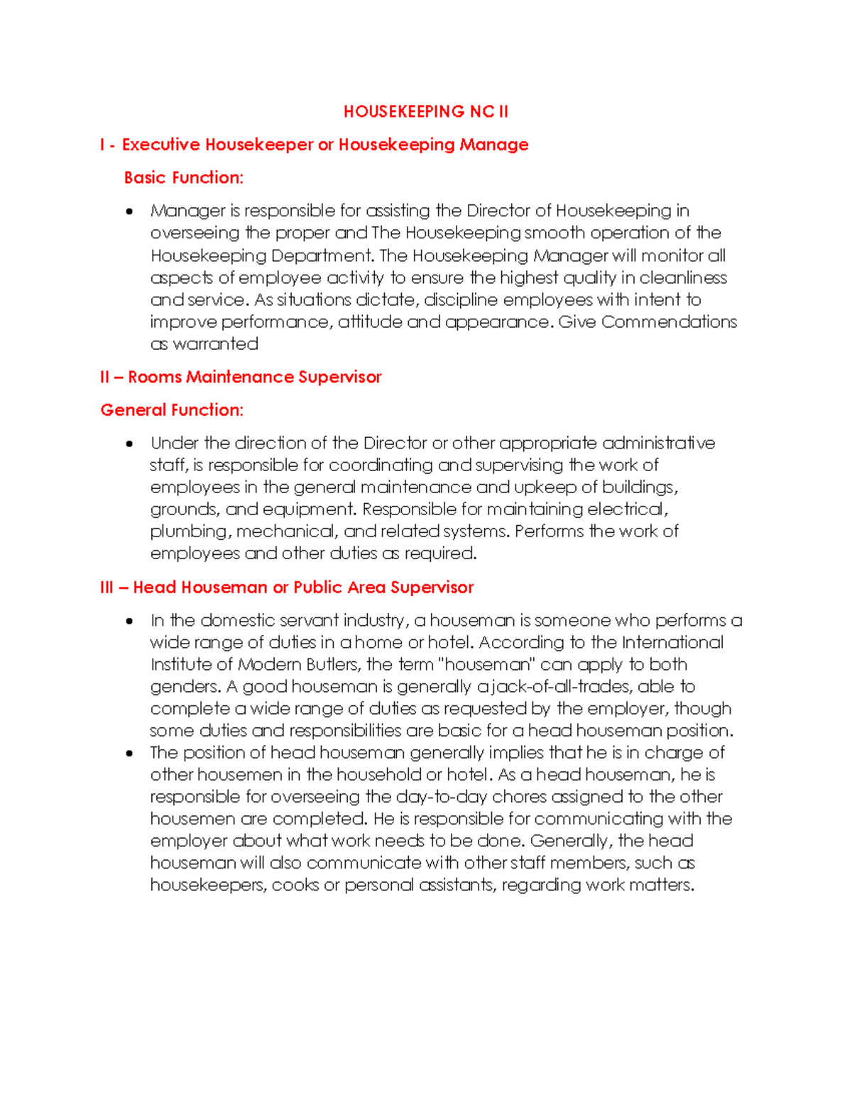 Housekeeping 1 - study guide - International Tourism and Hospitality ...