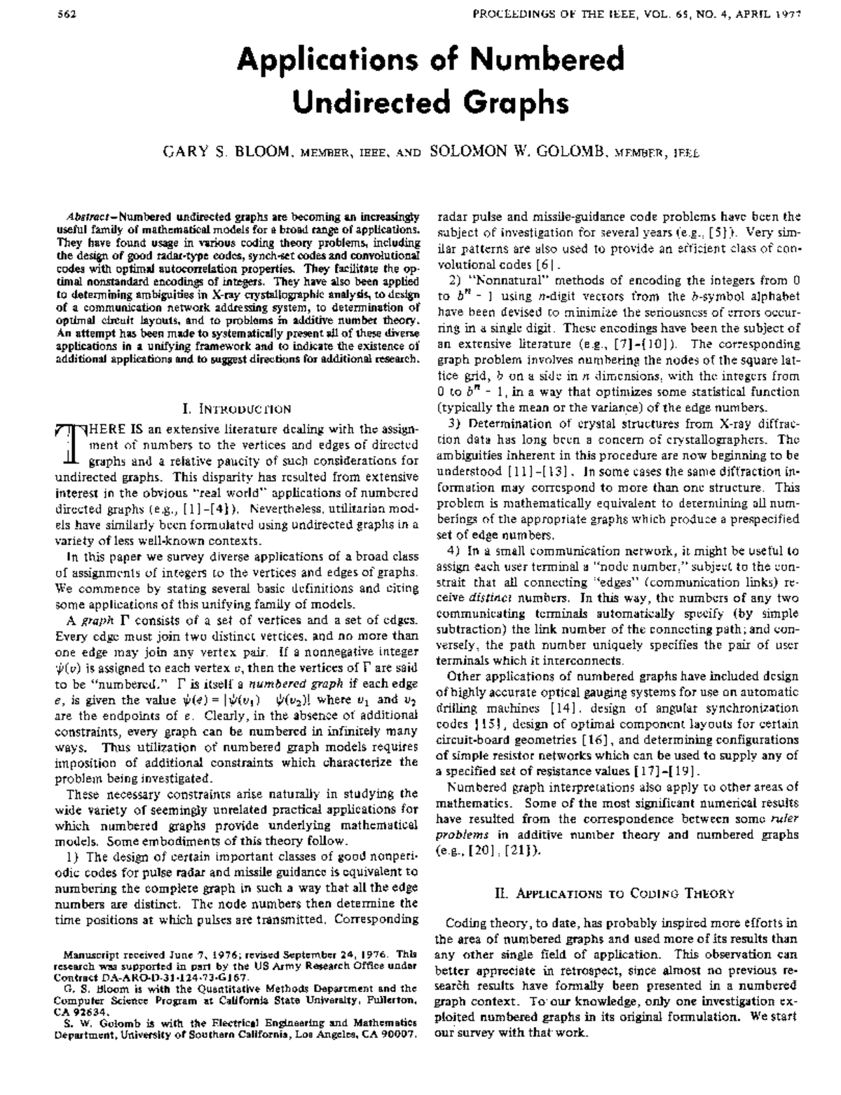 Proceedings of the Applications of Numbered Undirected Graphs - April ...