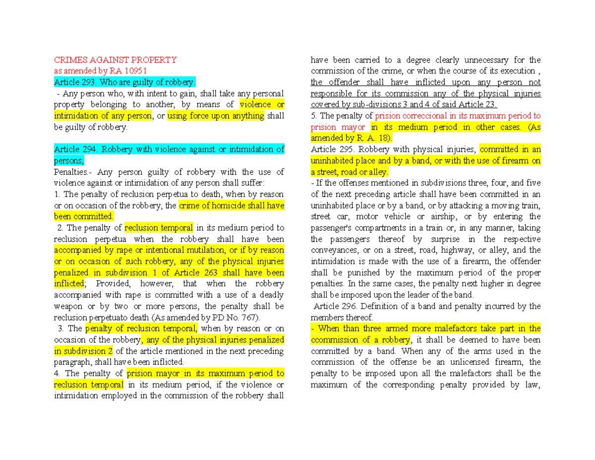 Crimes Against Property Overview - CLJ 4 Notes - Studocu
