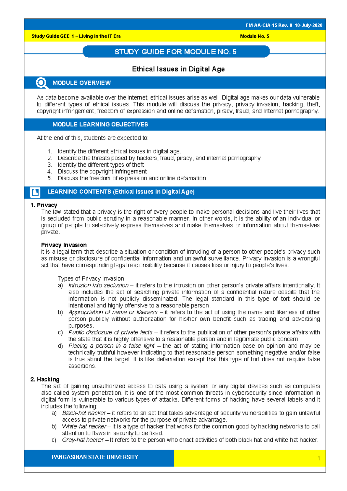 GEE 1 Study Guide Module 5: Ethical Issues in the Digital Age - Studocu