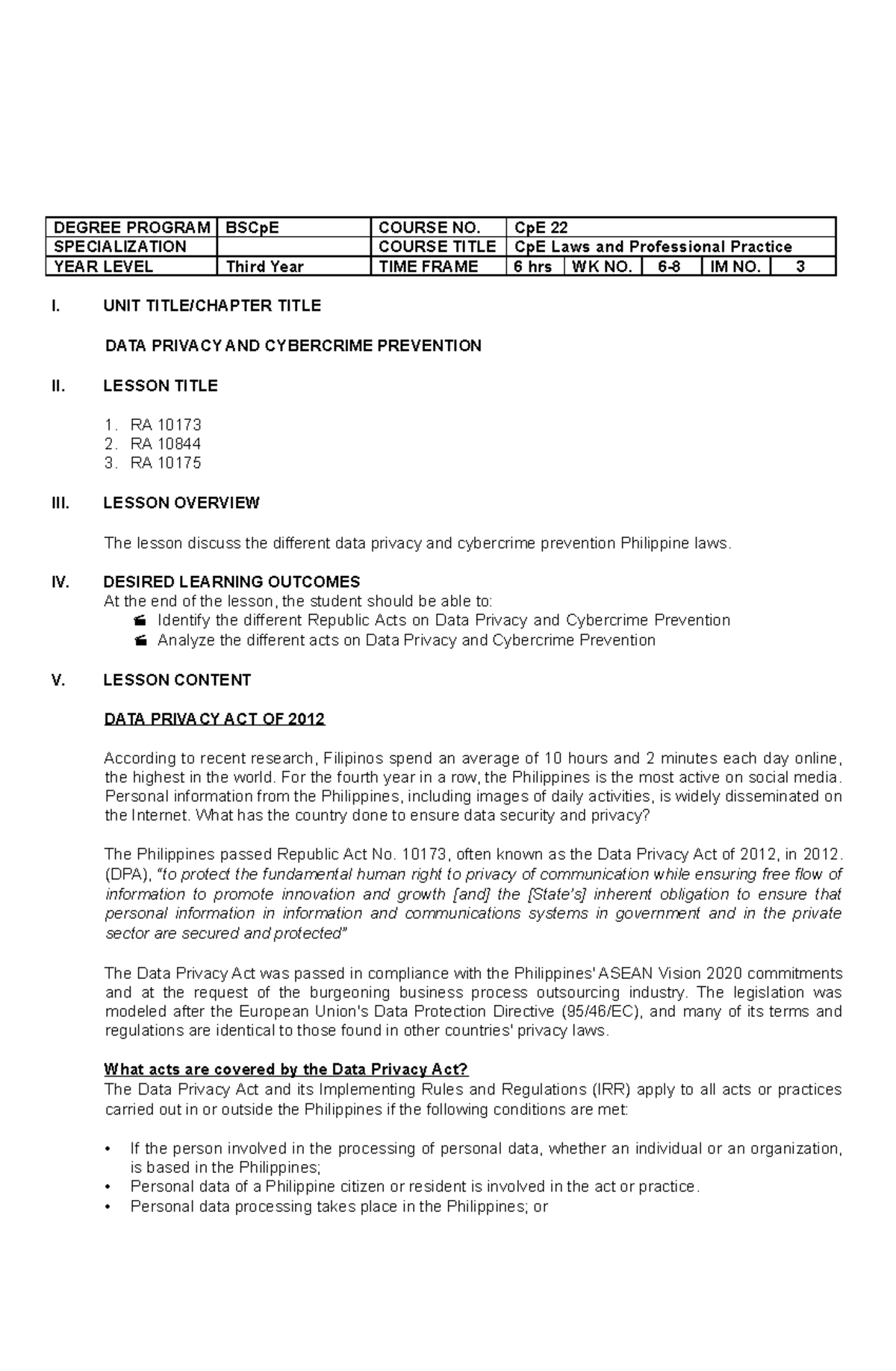 Module 3 Data Privacy and Cybercrime Prevention - DEGREE PROGRAM BSCpE COURSE NO. CpE 22 - Studocu