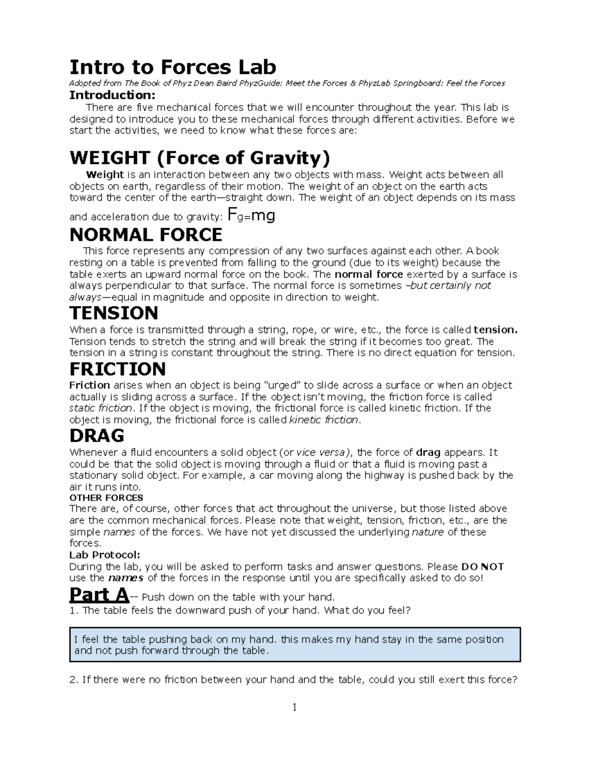 Intro to Forces Lab - Intro to Forces Lab Adopted from The Book of Phyz ...
