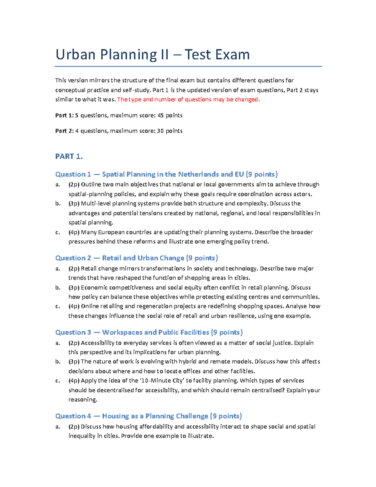 Urban Planning II Test Exam: Conceptual Practice Questions - Studeersnel
