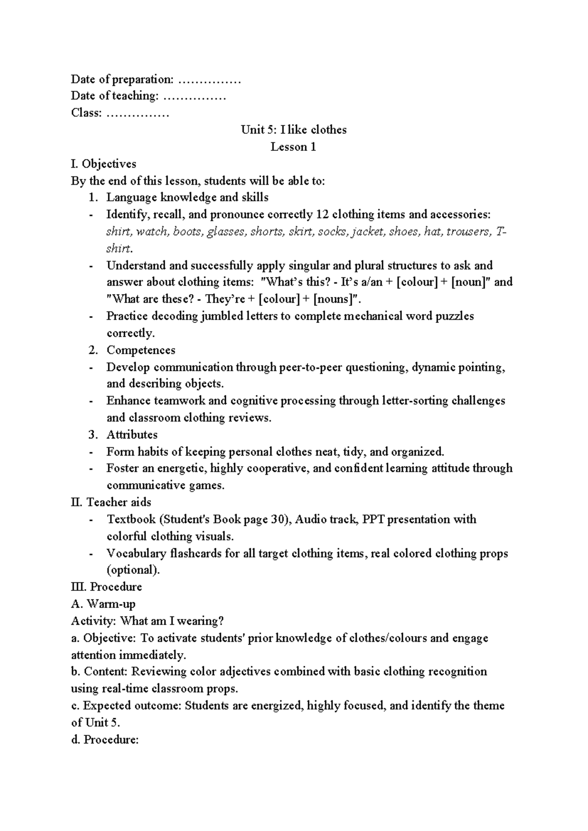 Starter Unit 5 Lesson 1: I Like Clothes Activities and Objectives - Studocu
