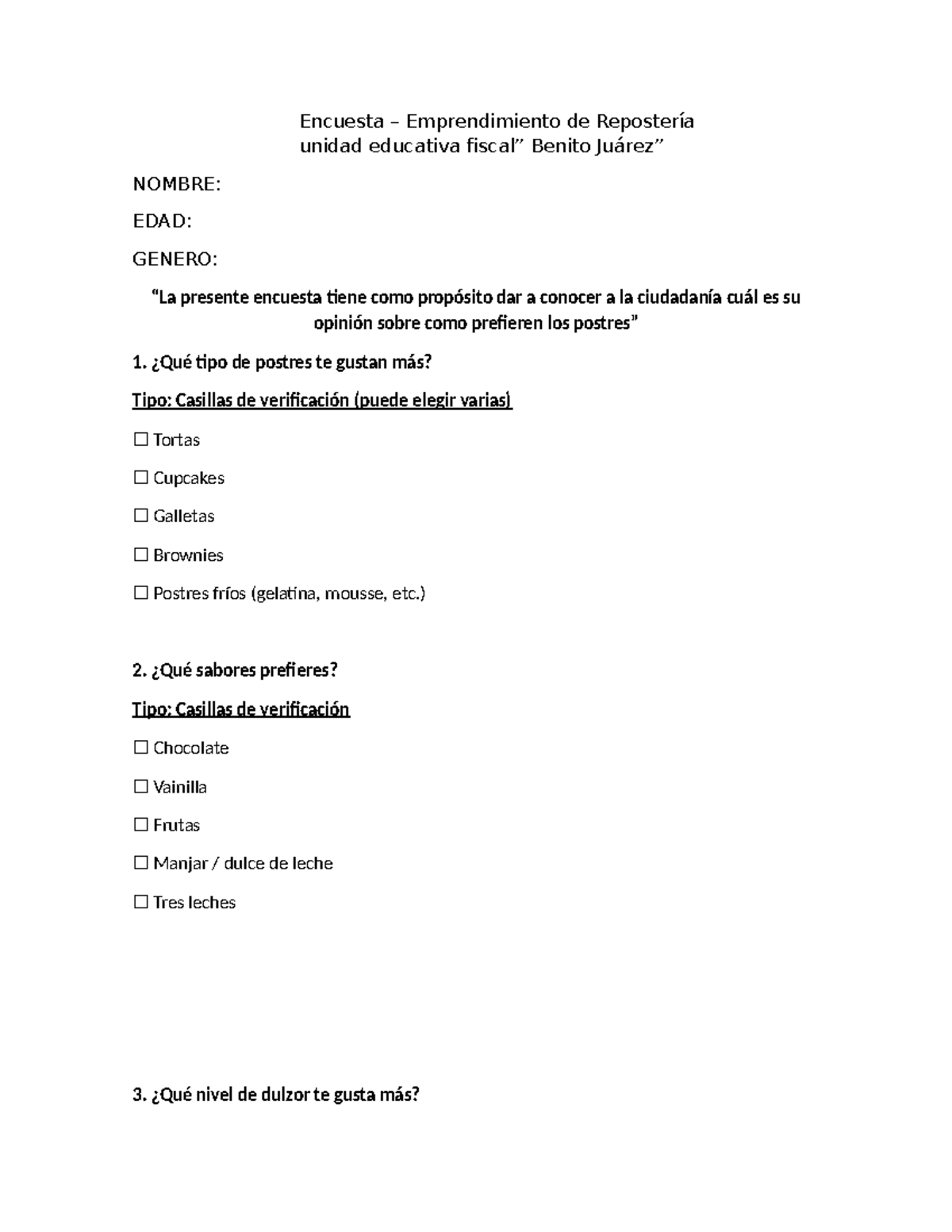 Encuesta de Repostería: Opiniones y Preferencias del Consumidor - Studocu