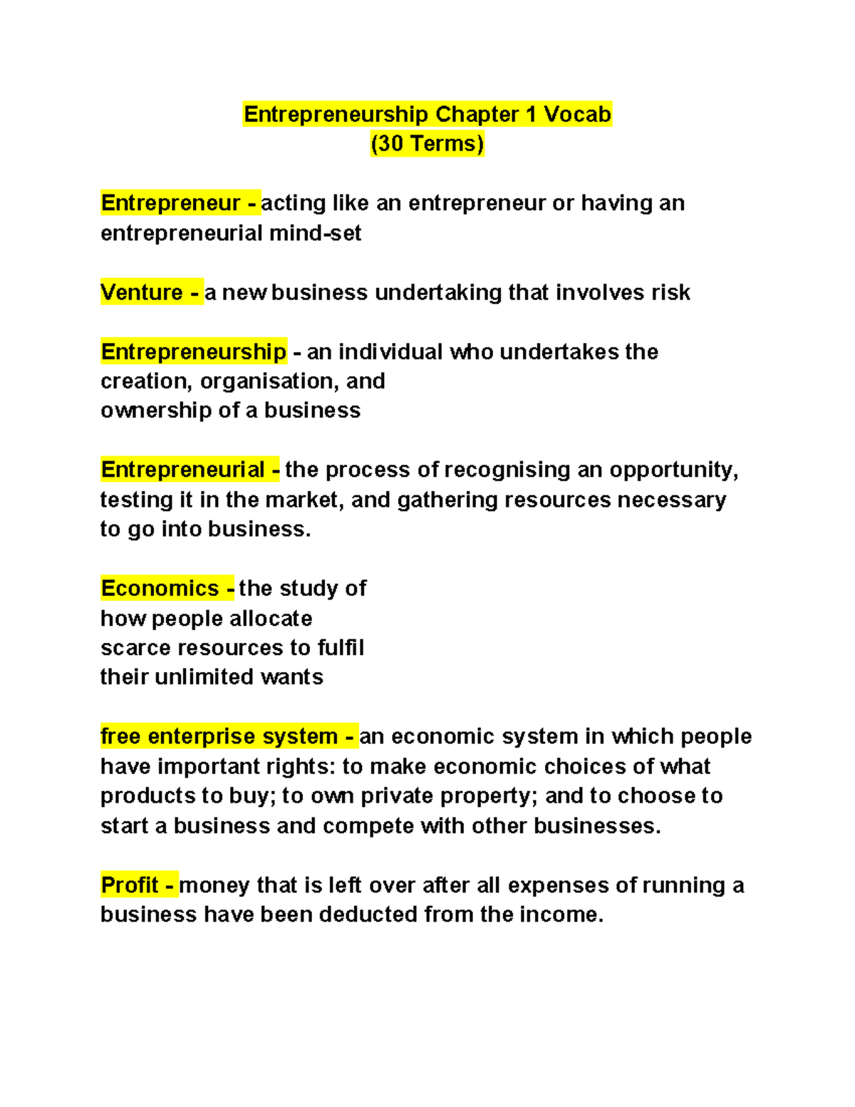 Entrepreneurship CH1 Vocab List (30 Terms) for Study - Studocu