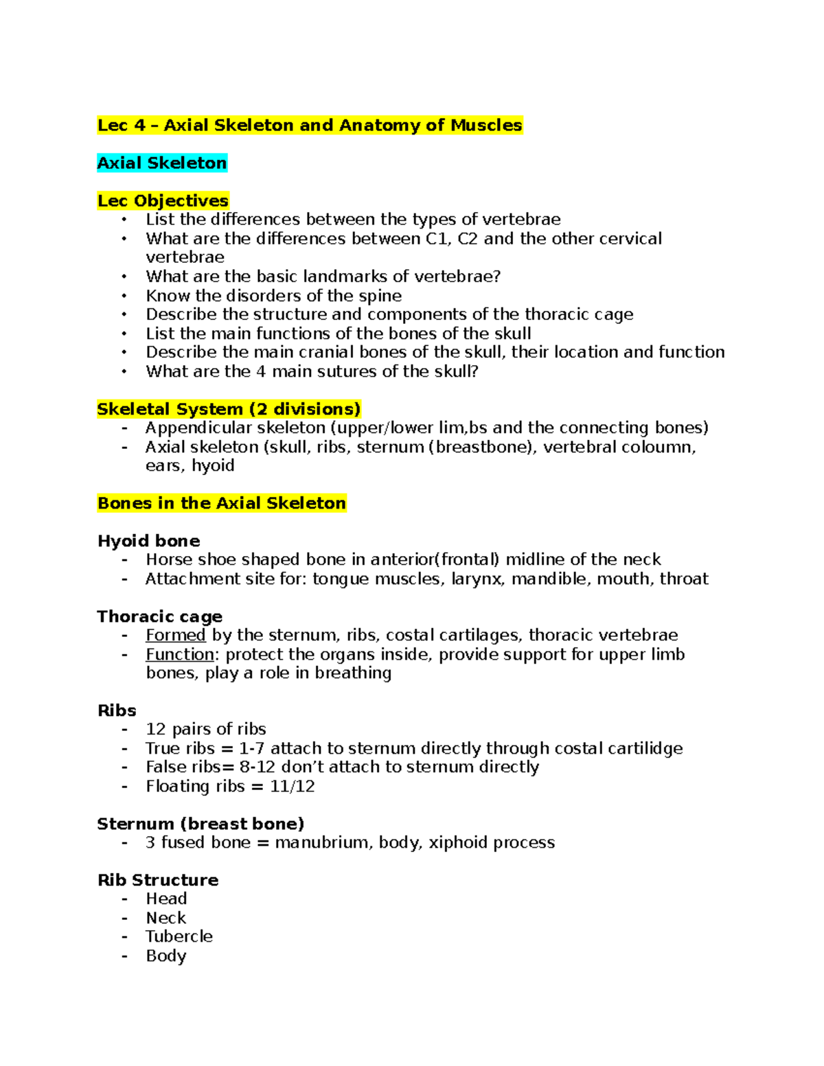 Lec 4: Axial Skeleton & Muscle Anatomy Overview - Studocu