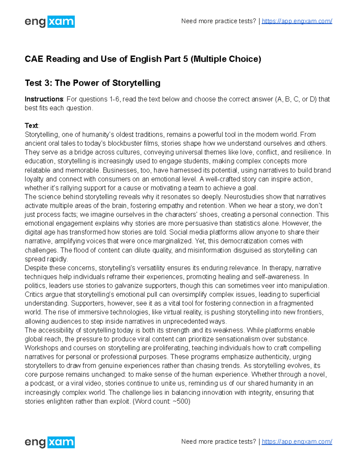 CAE Reading and Use of English Part 5: Storytelling Practice Test 3 ...