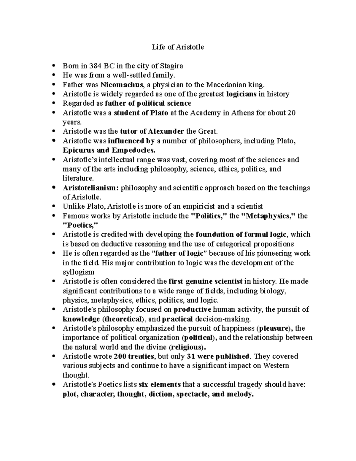 Aristotle Notes (PHIL 101): Key Concepts & Works Overview - Studocu