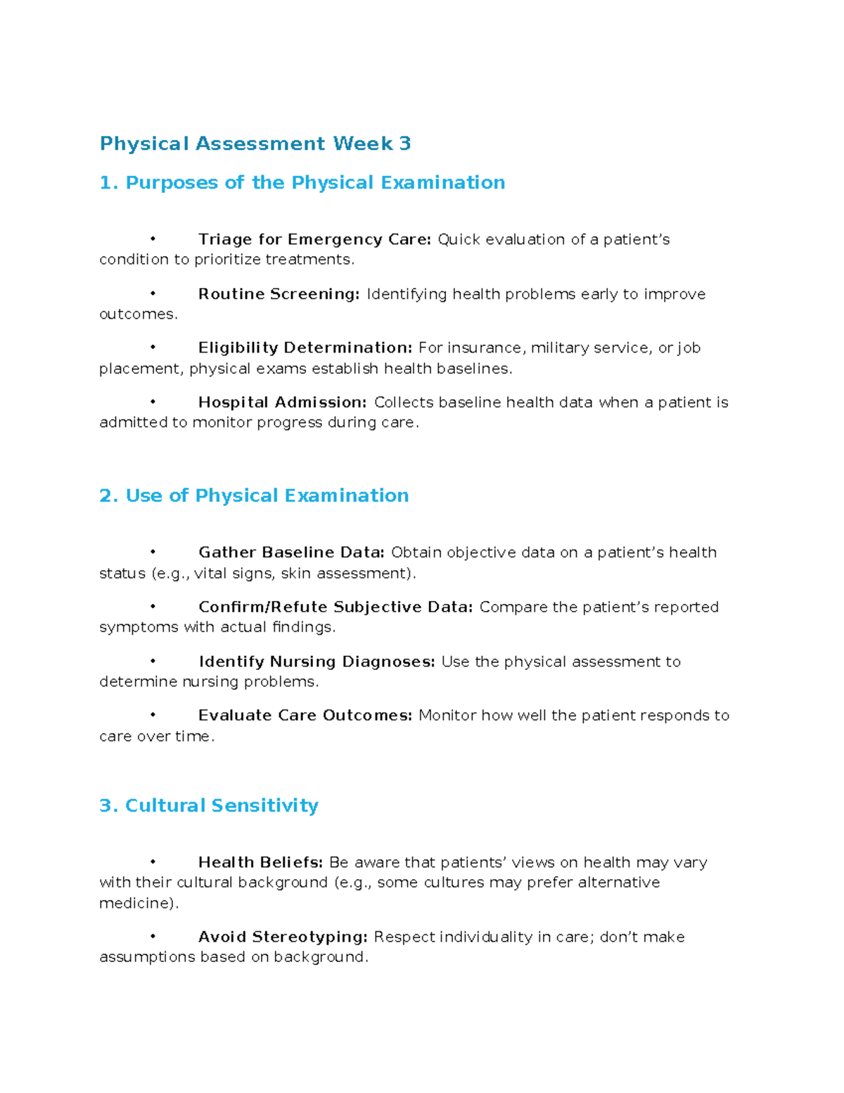 Week 3 Physical Assessment Guide: Key Techniques & Considerations - Studocu