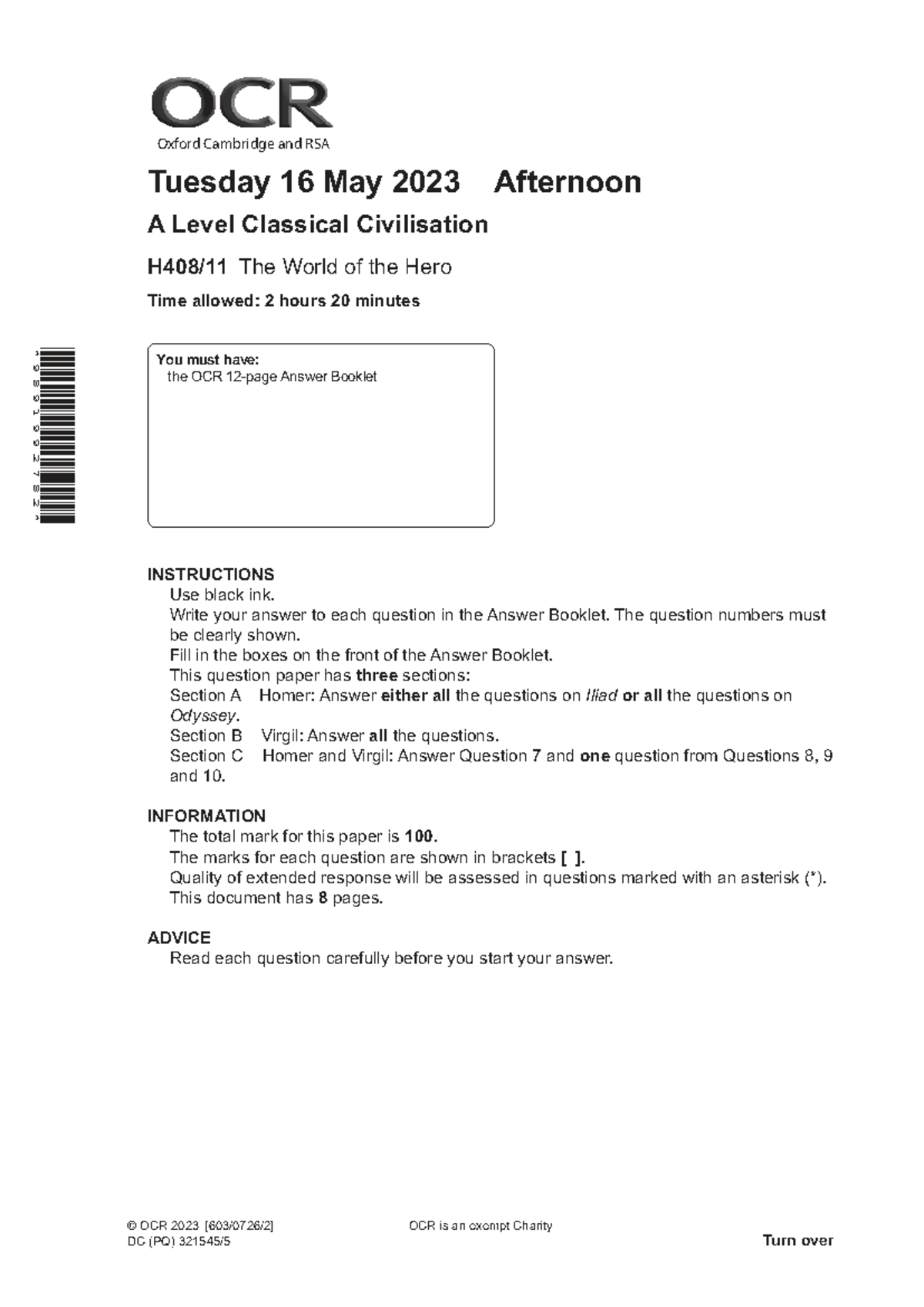 A Level Classical Civilisation: The World of the Hero Exam Paper (OCR ...