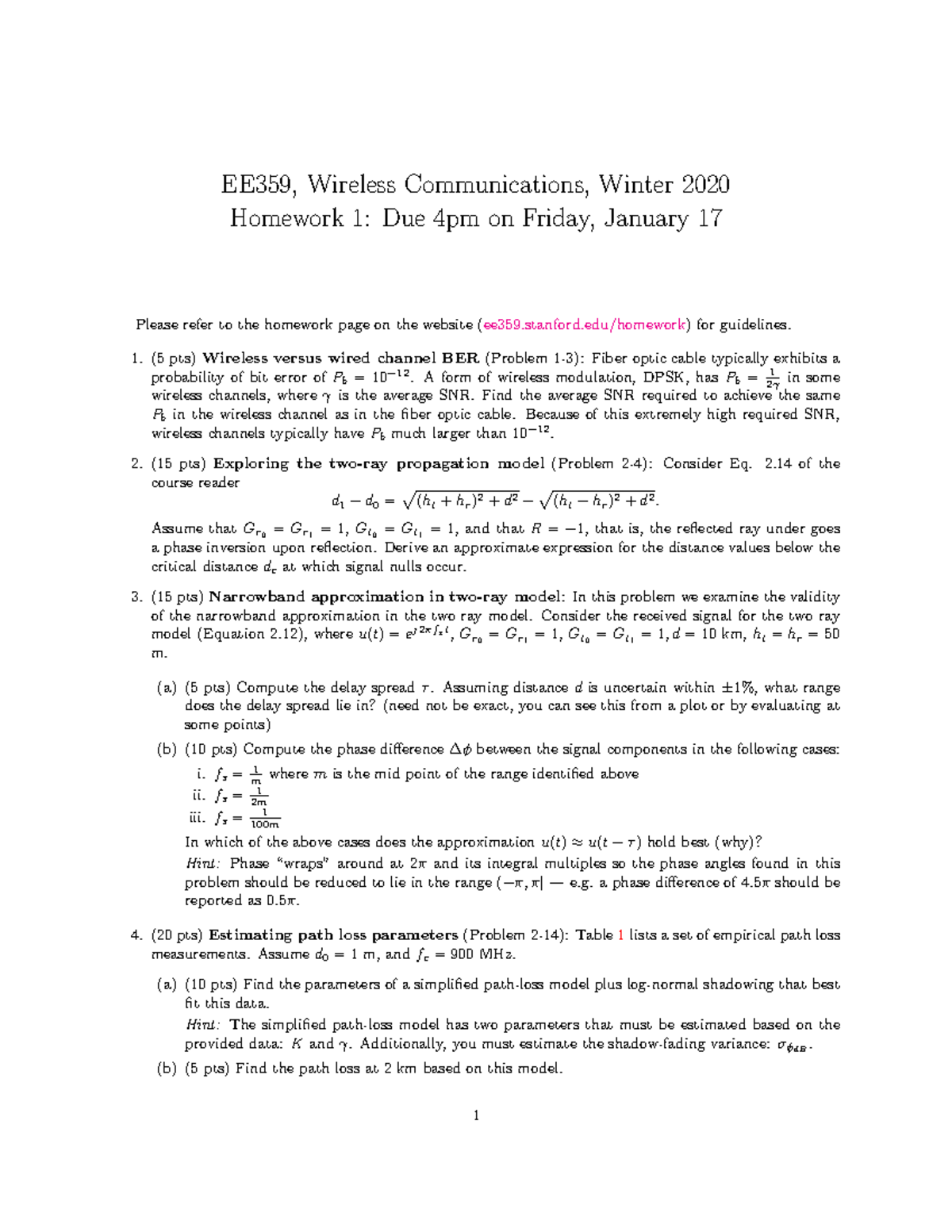 EE359 - Wireless Communications Homework 1 - Winter 2020 - Studocu