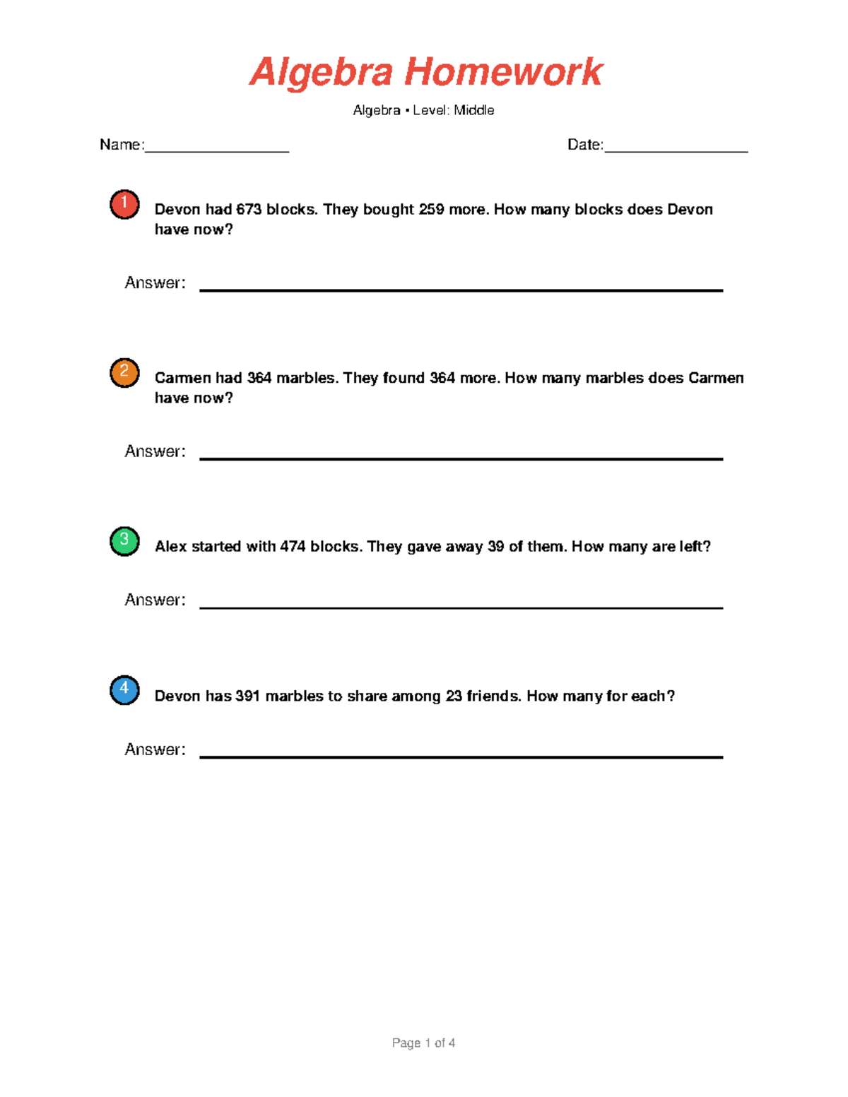 Algebra Homework Level: Middle 1 - Practice Problems & Answers - Studocu