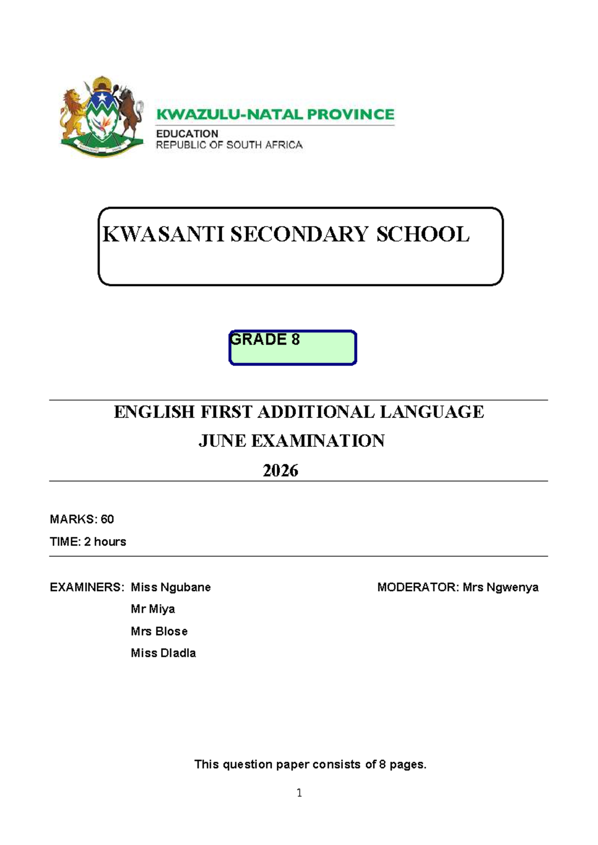 Grade 8 English FAL June Exam 2026: Comprehensive Question Paper - Studocu
