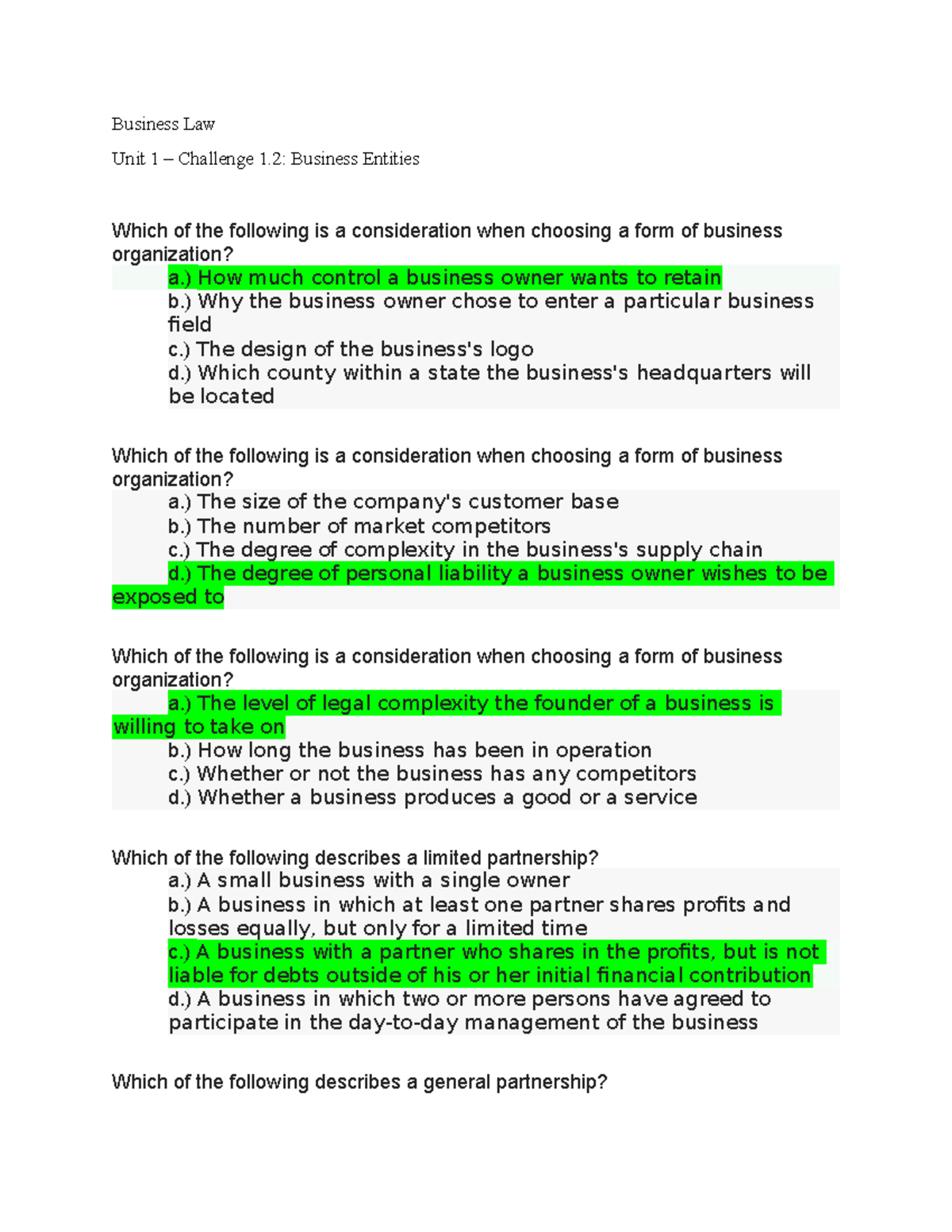Business Law Unit 1 Challenge 1.2 Business Entities - Business Law Unit ...