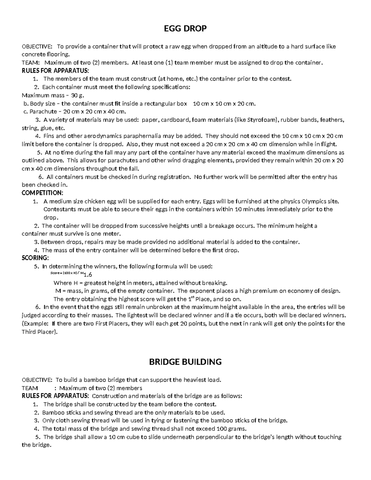 KA SCIE EGG DROP & BRIDGE BUILDING Competition Document - Studocu
