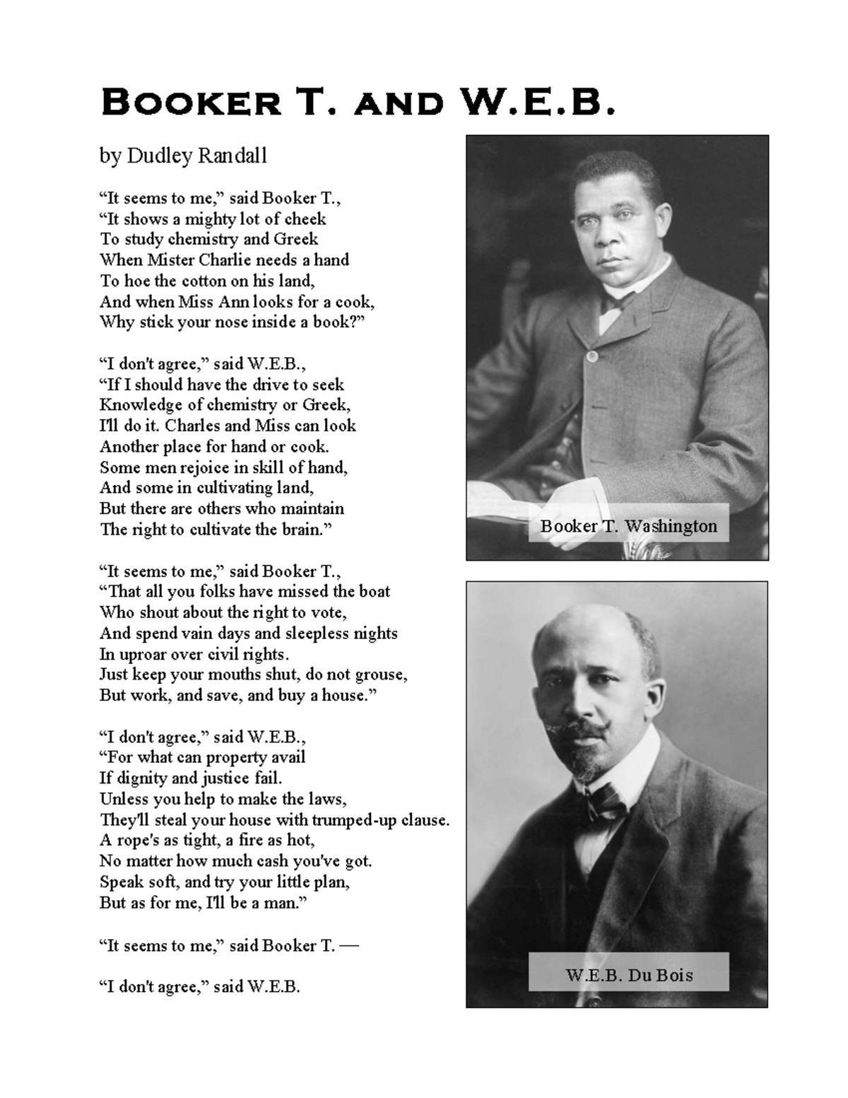 Analysis of Booker T. Washington and W.E.B. Du Bois Through Poetry ...