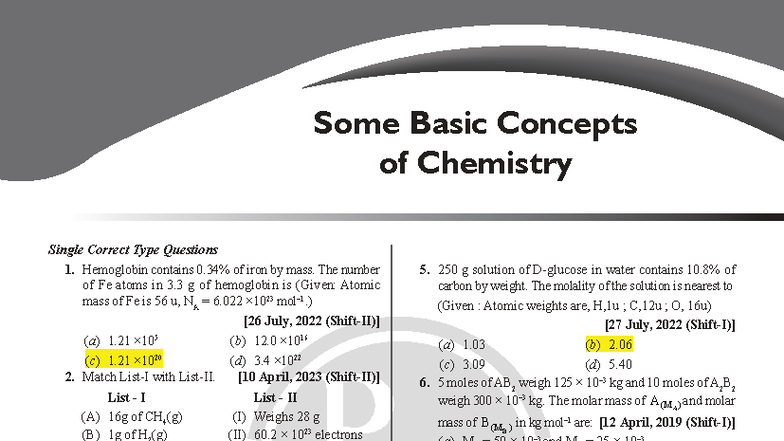 Some Basic Concepts of Chemistry JEE PYQ Practice Sheet - Studocu