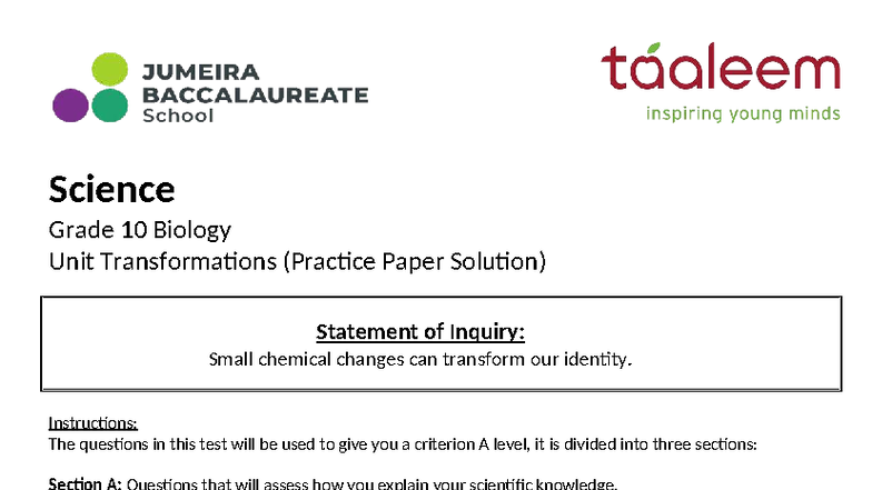 MYP 5 Science Criterion A: Transformations Practice Assessment - Studocu