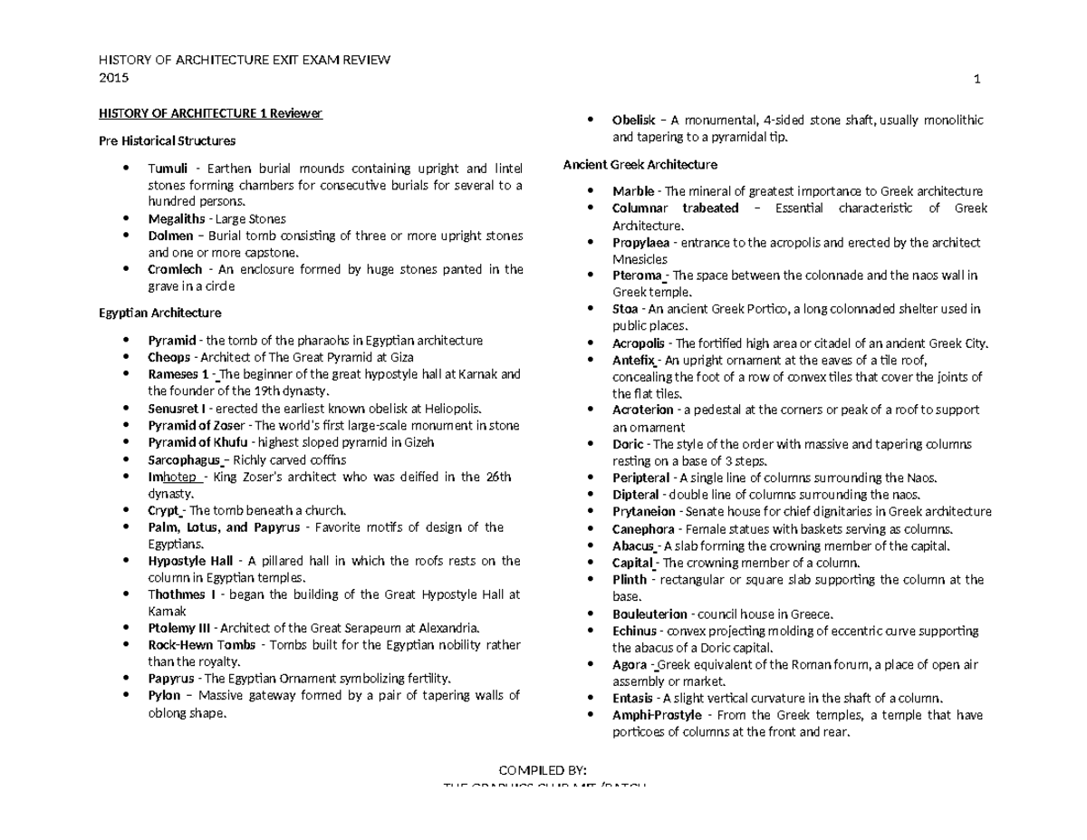 HISTORY OF ARCHITECTURE 1 (HOA 1) Comprehensive Review Notes - Studocu