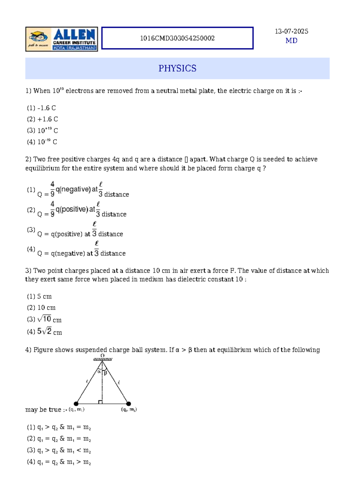 MD PHYSICS Achiever Phase Test 03 Questions & Solutions - Studocu