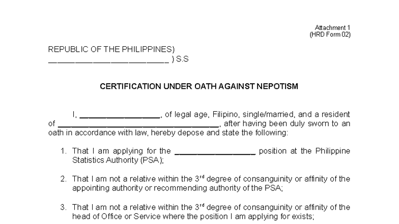 Certification Against Nepotism for PSA Application (HRD Form 02) - Studocu