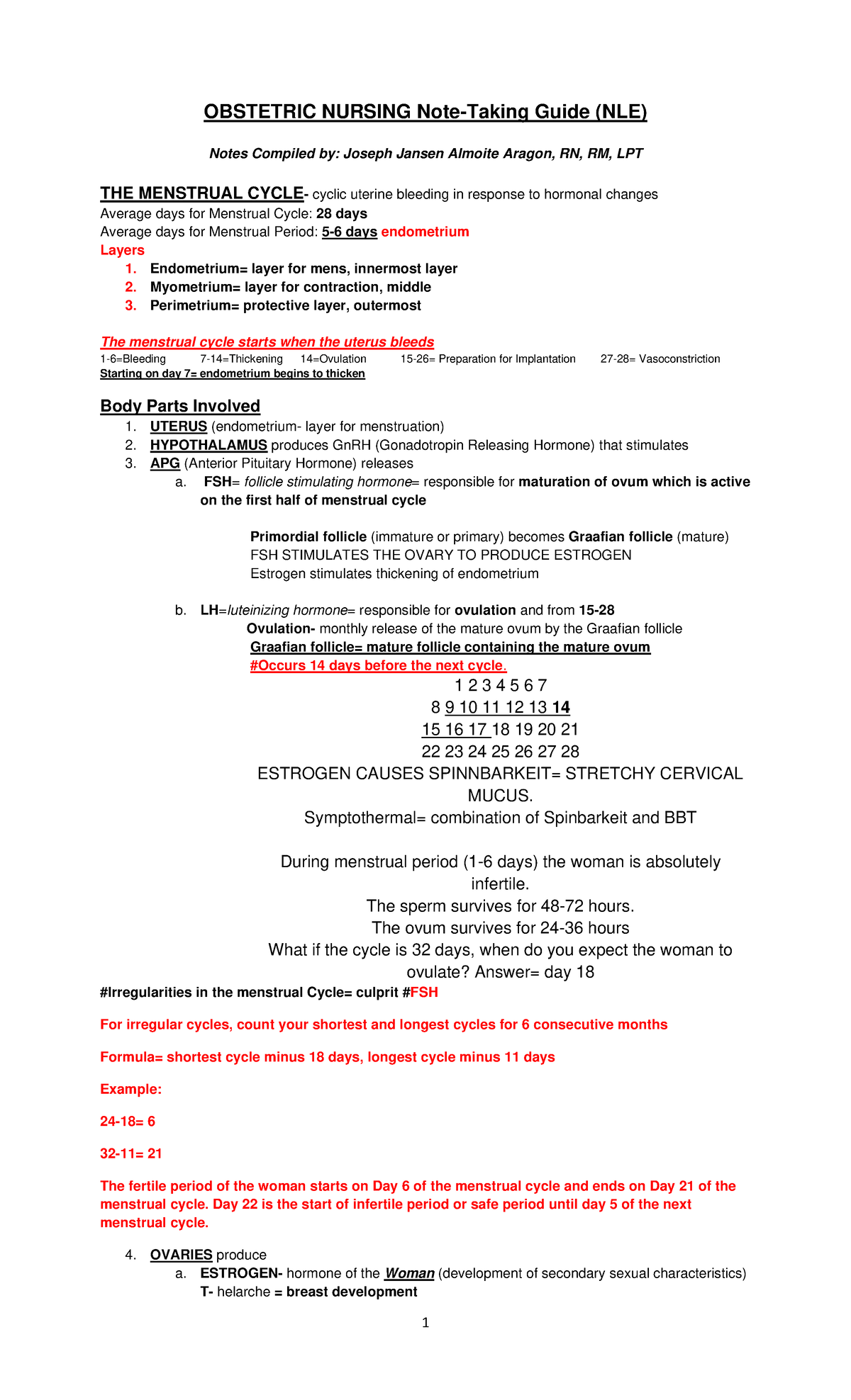 OB Nursing Note-Taking Guide: Menstrual Cycle & Fetal Development ...