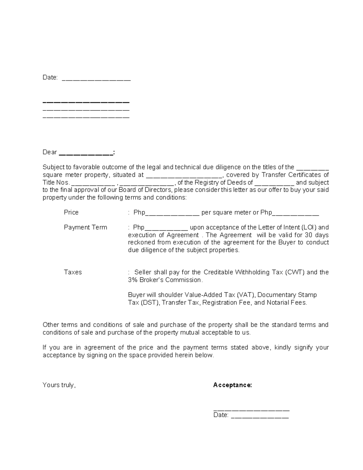 Letter of Intent (LOI) for Property Acquisition - Sample - Studocu