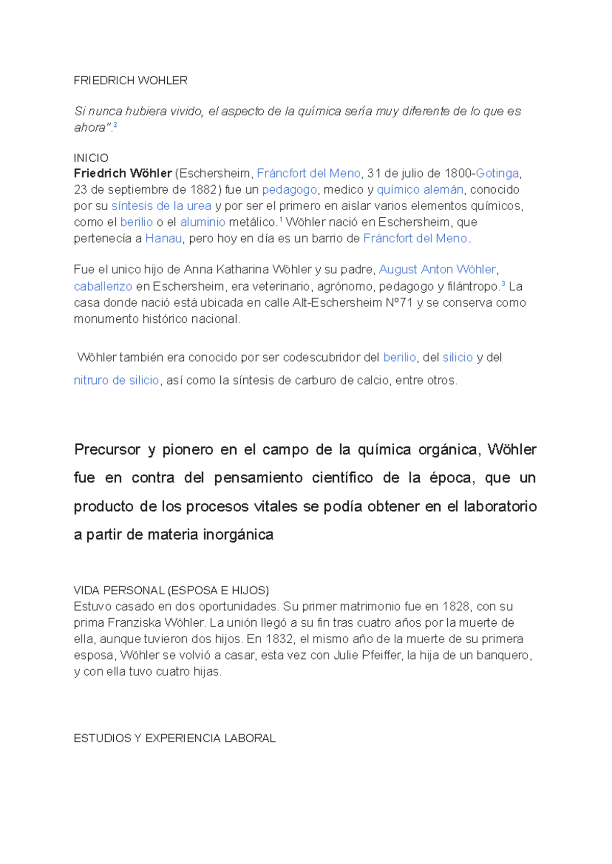 Biografía de Friedrich Wöhler: Pionero de la Química Orgánica - Studocu