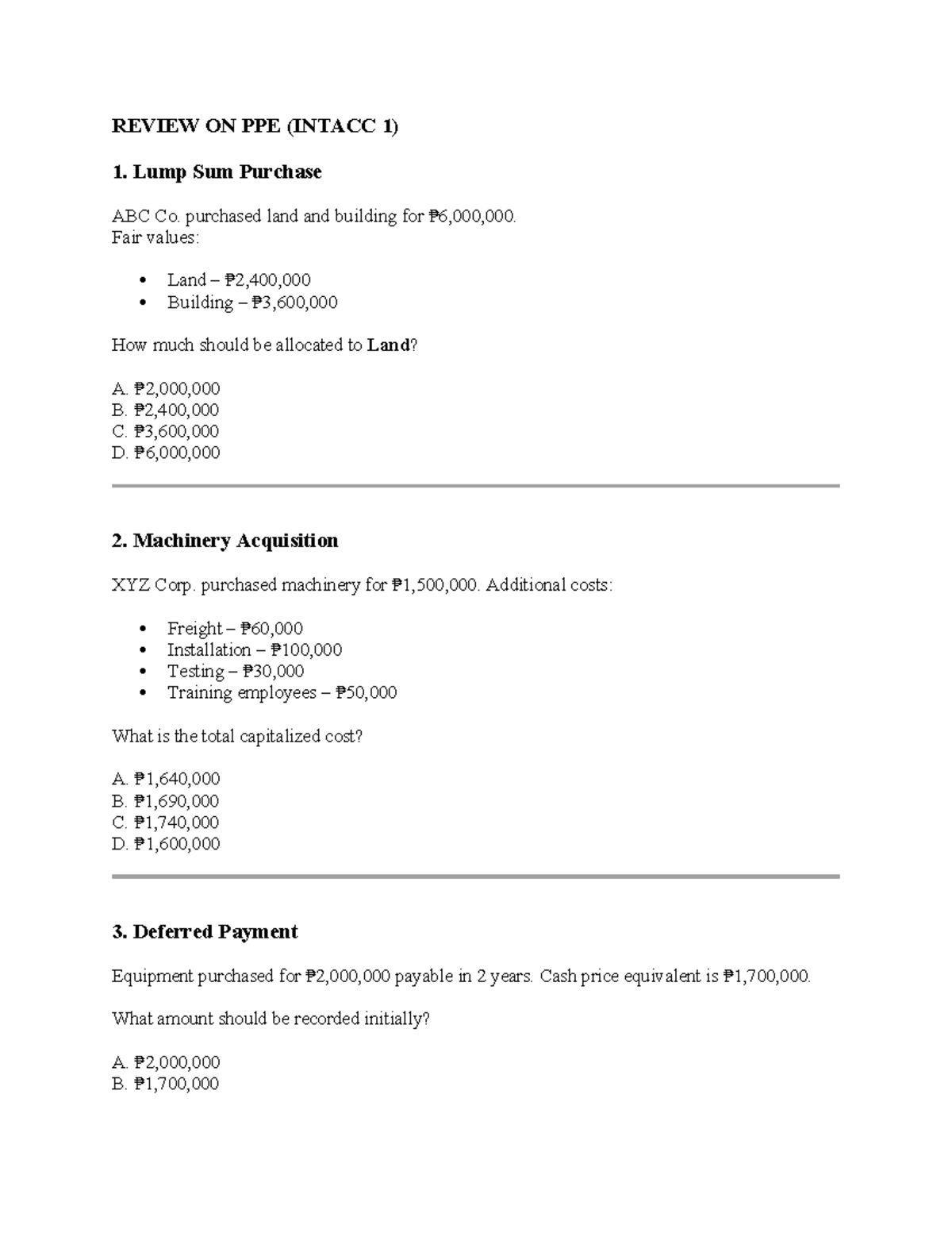 Review on PPE (INTACC 1) - Part 1: Basic Concepts and Questions - Studocu