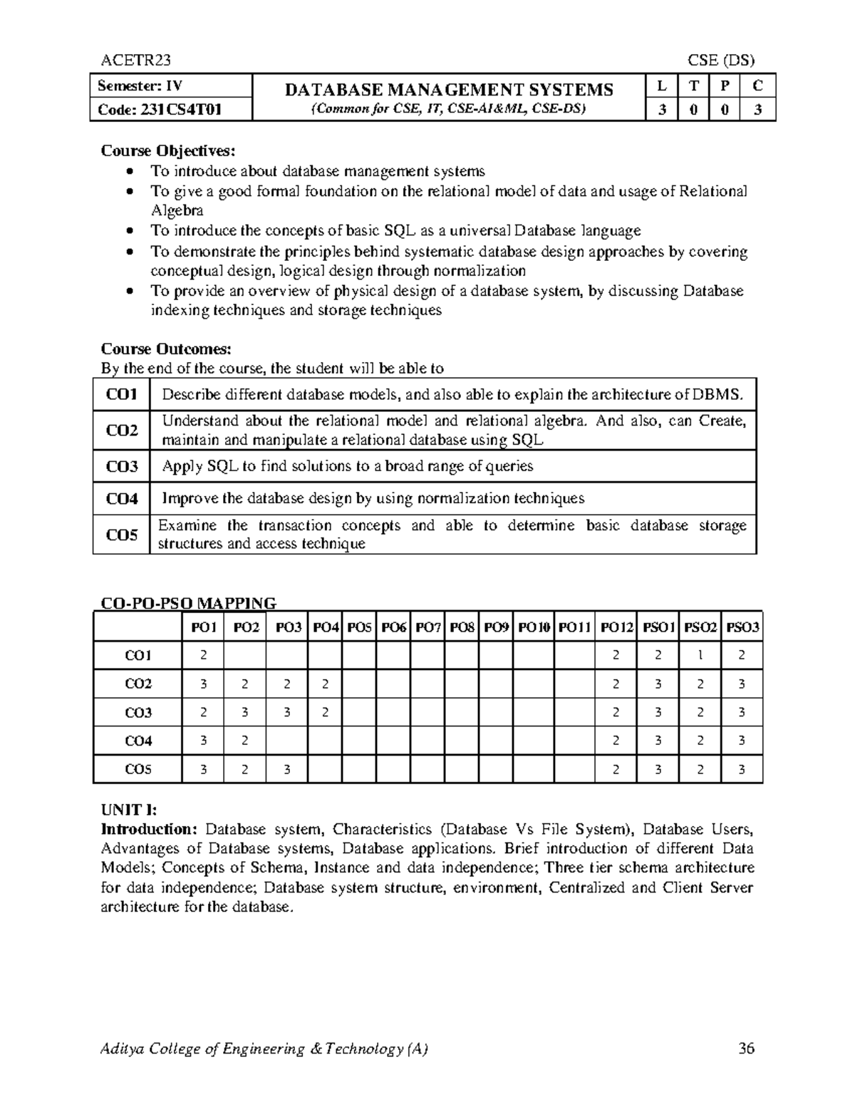 ACETR23 CSE (DS) IV Sem DBMS Syllabus Overview and Key Concepts - Studocu