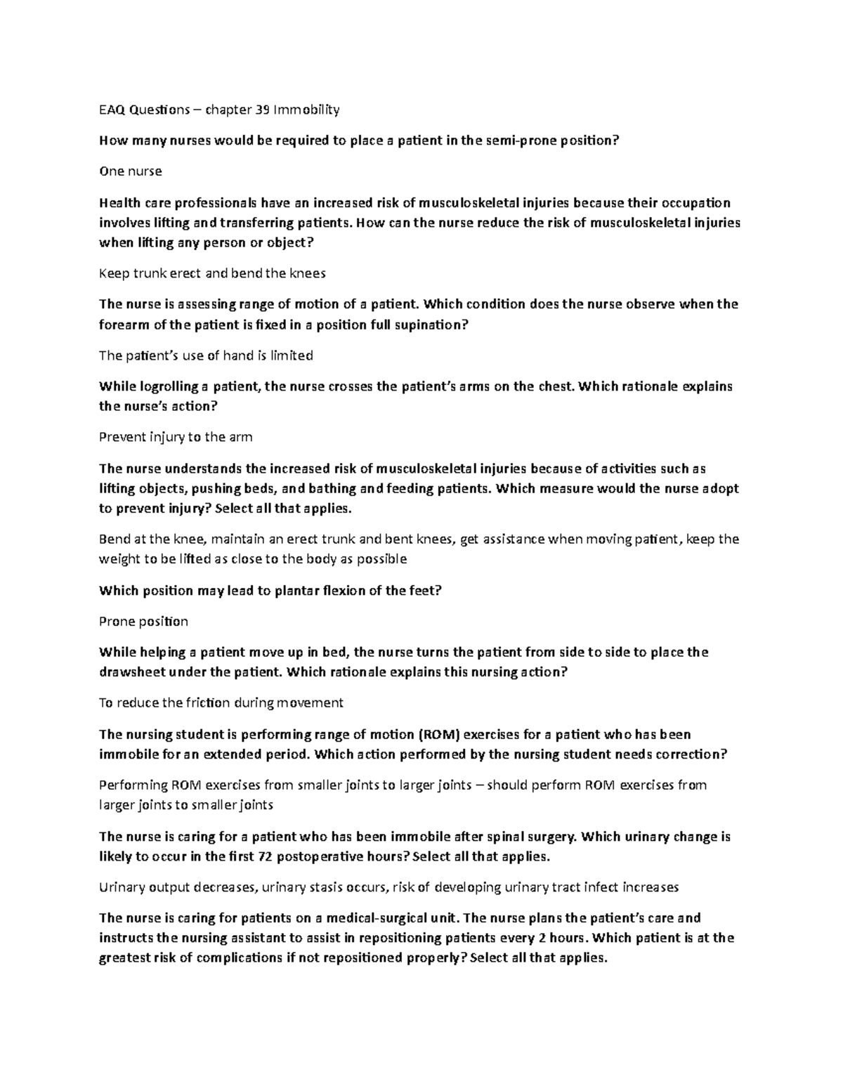 EAQ Questions: Chapter 39 on Immobility and Nursing Care - Studocu