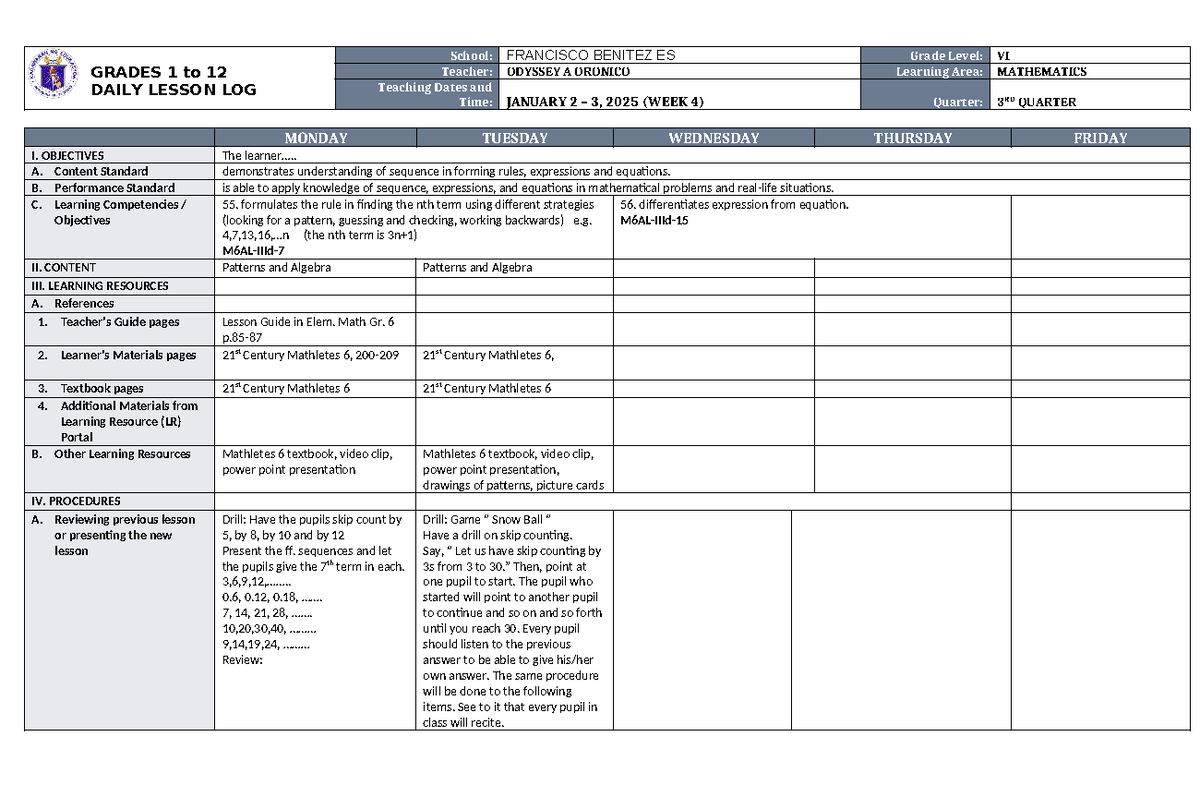 DLL Mathematics 6 Q3 W4-JAN 2-3 - GRADES 1 to 12 DAILY LESSON LOG ...