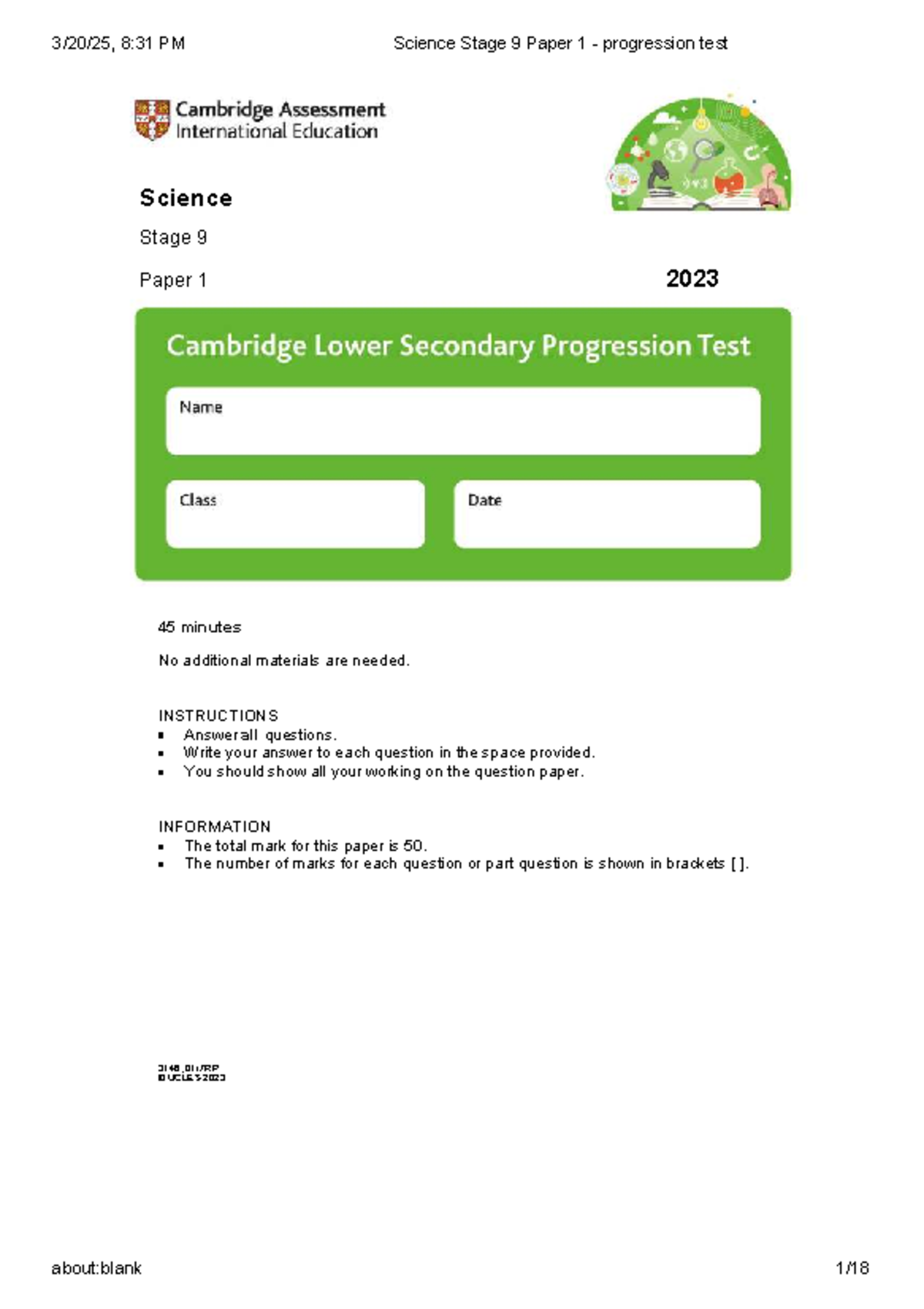 Science Stage 9 Paper 1 Progression Test 2023 - 50 Marks - Studocu