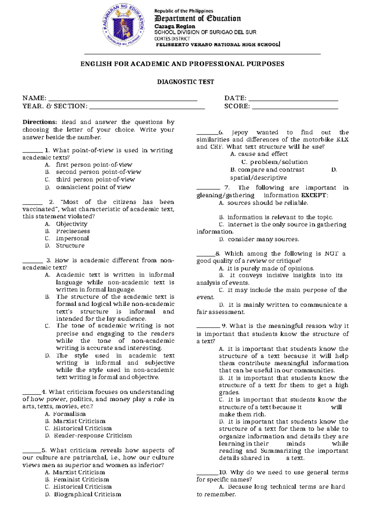 Diagnostic Test: English for Academic and Professional Purposes (EAPP ...