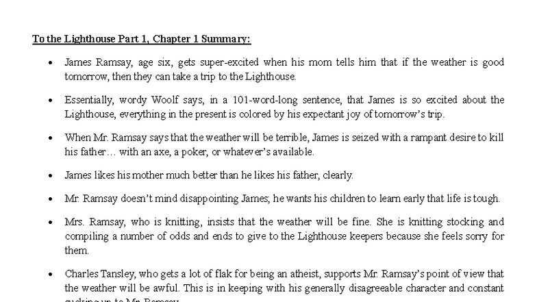 To the Lighthouse (Part 1) Chapter Summaries and Analysis - Studocu