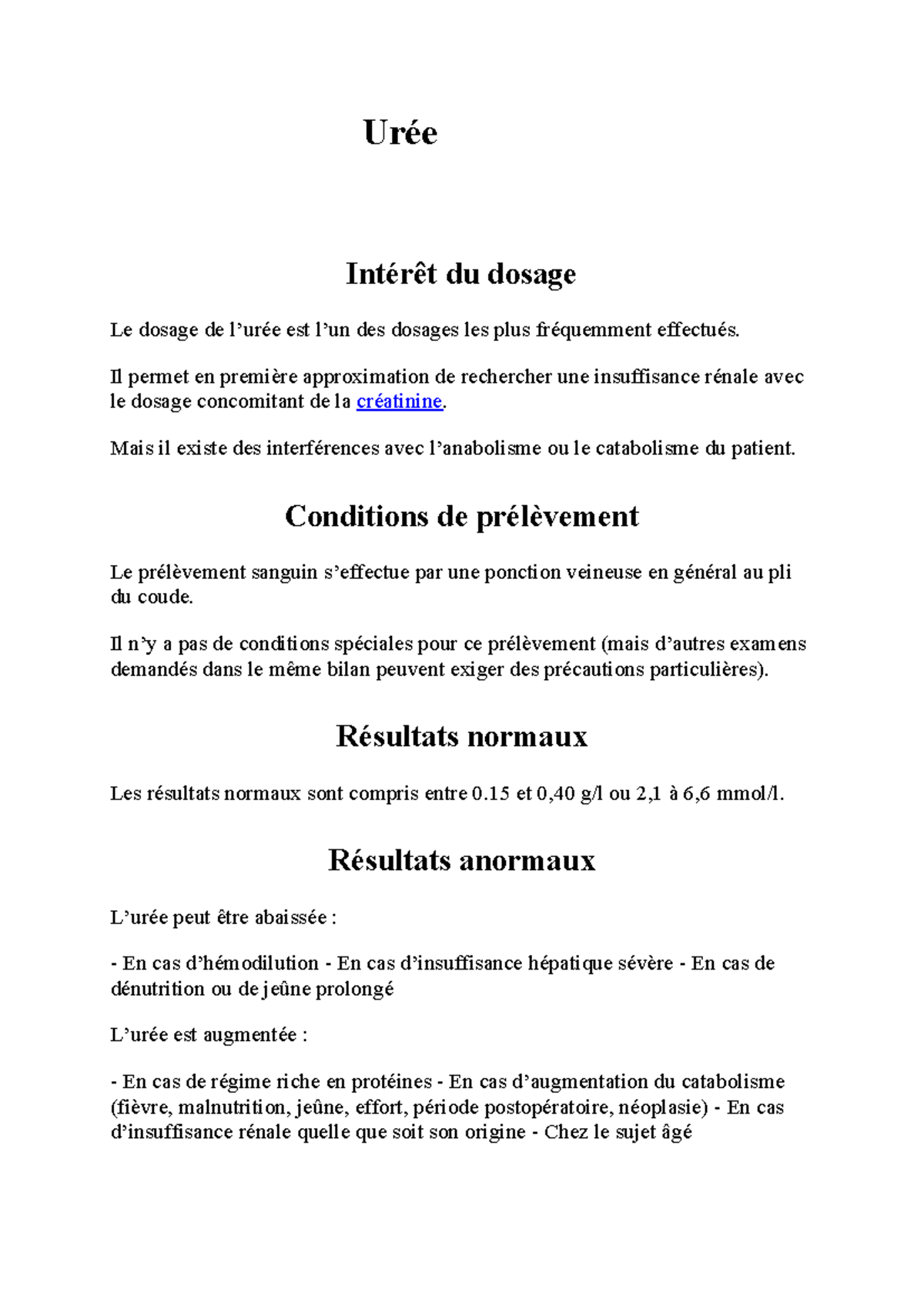 Urée - Leçons sur le Dosage et Interprétation des Résultats - Studocu