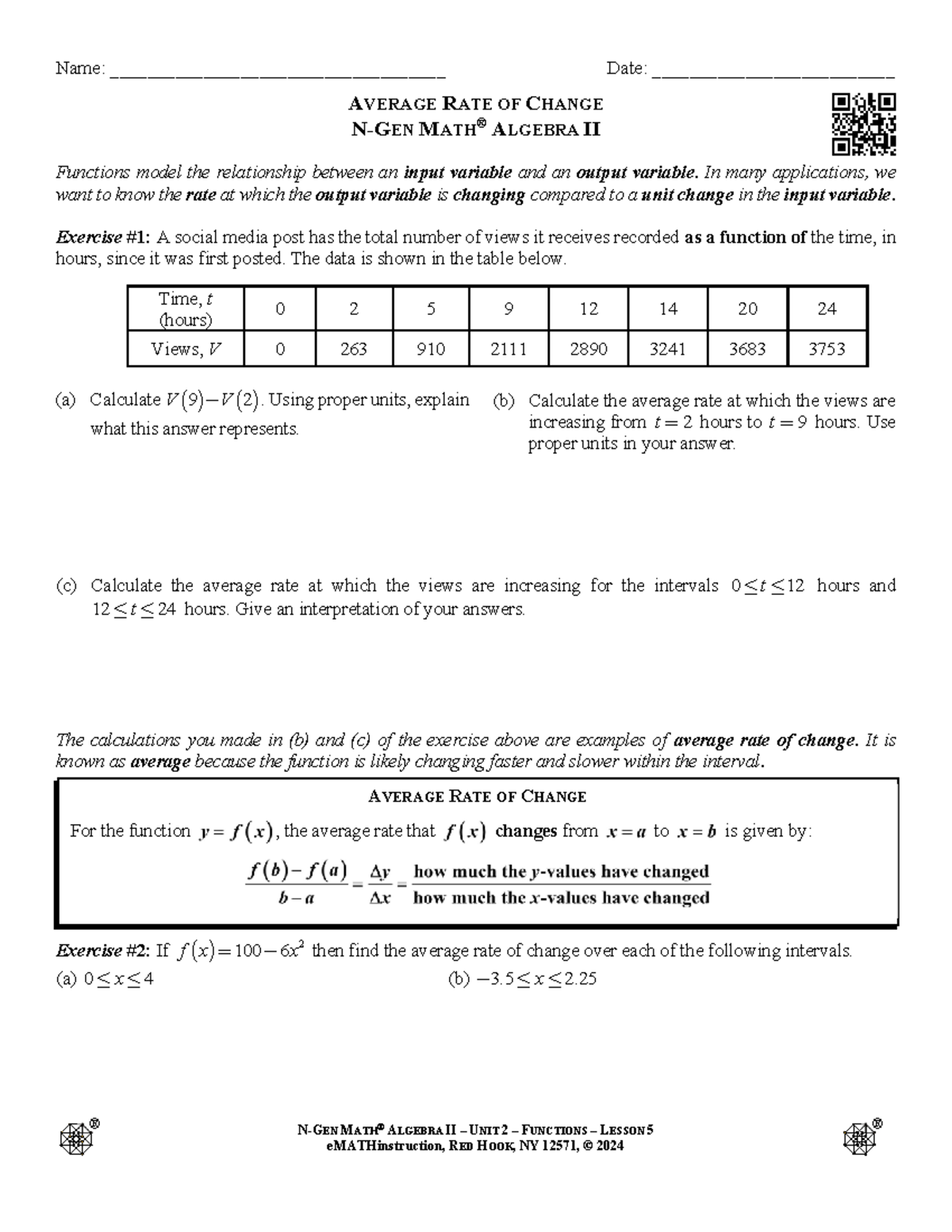 ALGEBRA II UNIT 2 FUNCTIONS LESSON 5: Average Rate of Change - Studocu