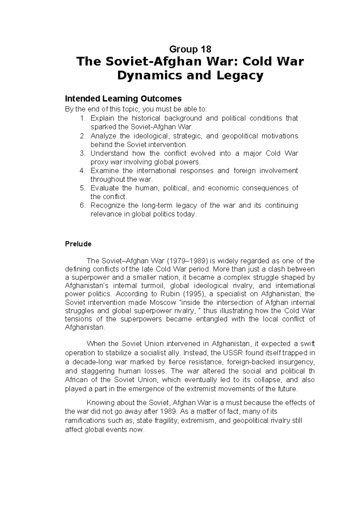 Group 18: Cold War Dynamics and Legacy of the Soviet-Afghan War - Studocu