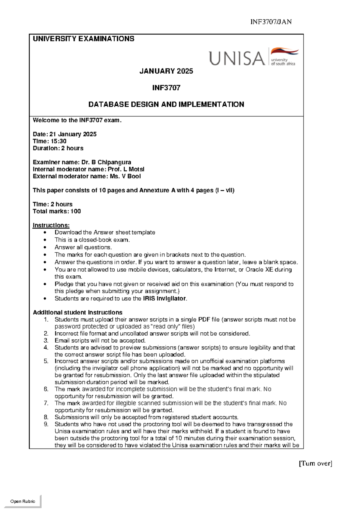 INF3707 Final Exam - Database Design & Implementation January 2025 ...