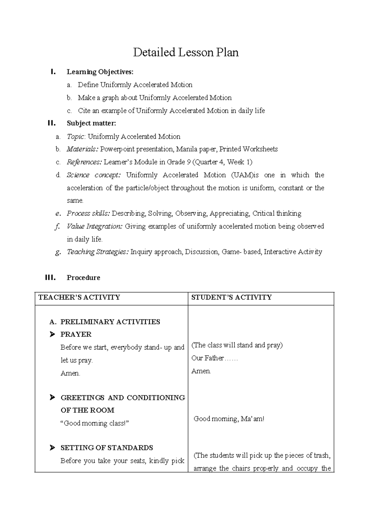 UAM (DLP) - Detailed Lesson Plan on Uniformly Accelerated Motion for ...